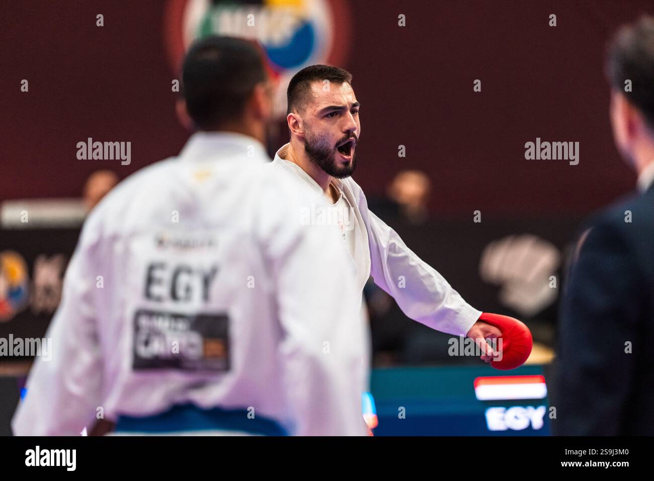 Tarek Mahmoud Taha (EGY) and Anes Bostandzic (BIH) male kumite +84Kg ...