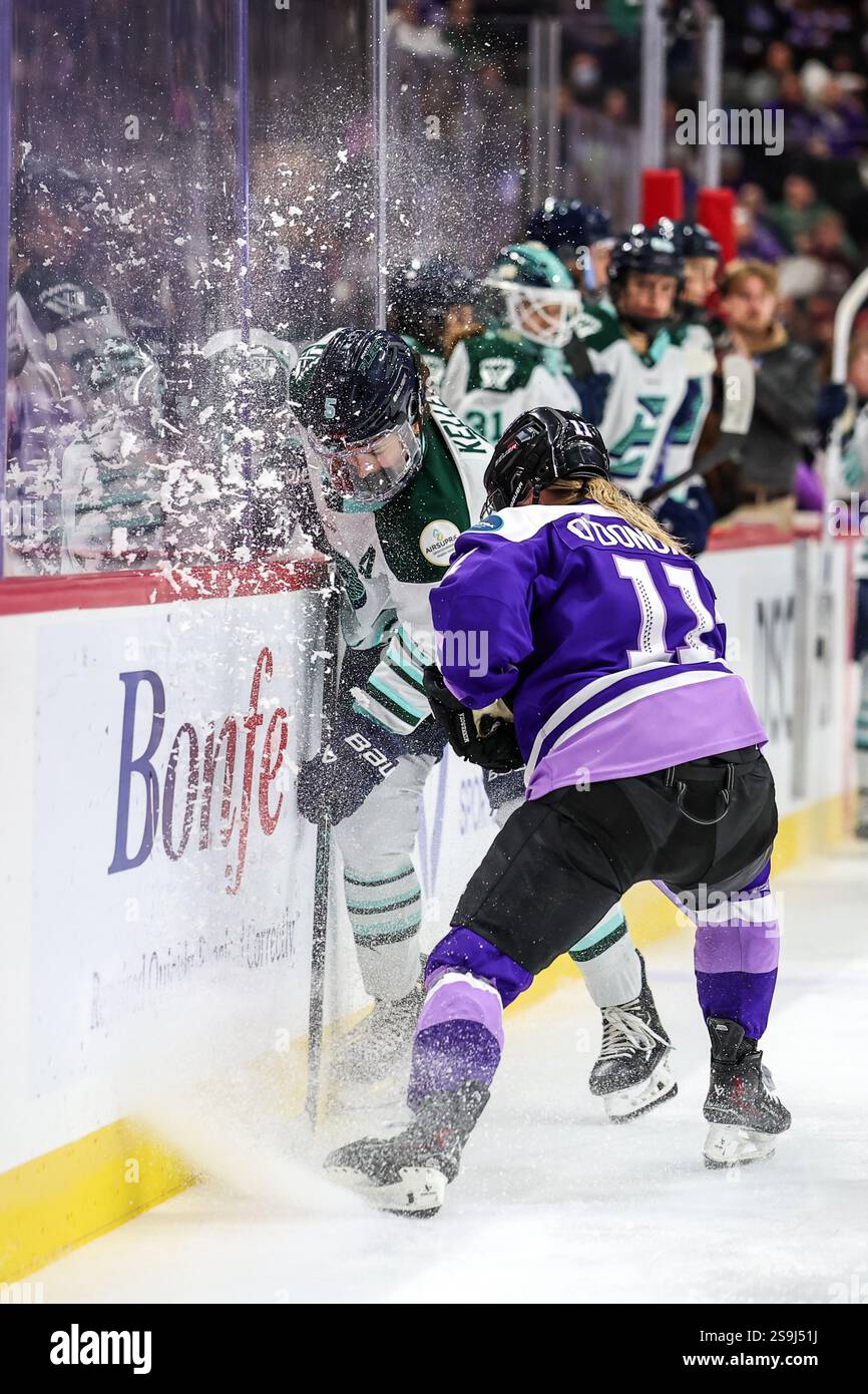 January 26th, 2025: Boston Fleet defender Megan Keller (5) gets checked ...