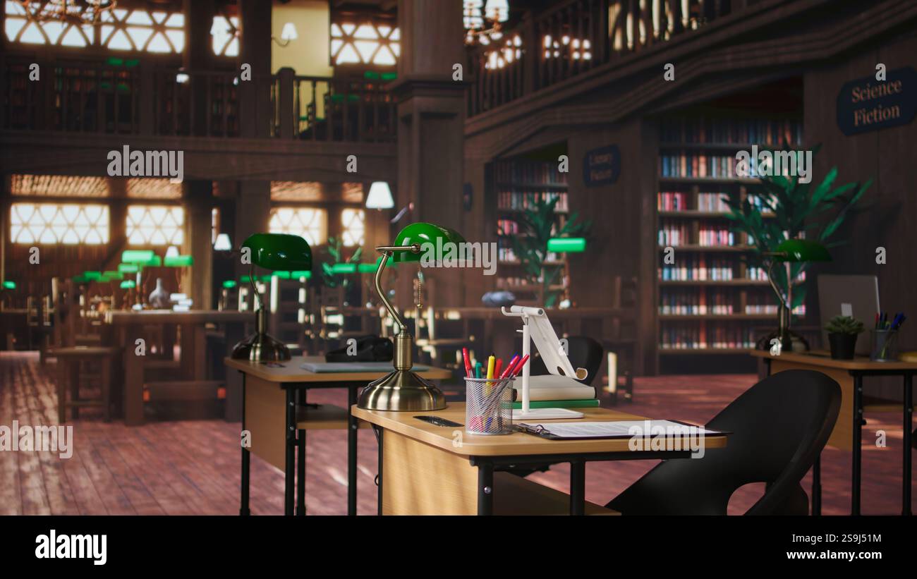 Traditional library with grand interiors featuring bookshelves and ...