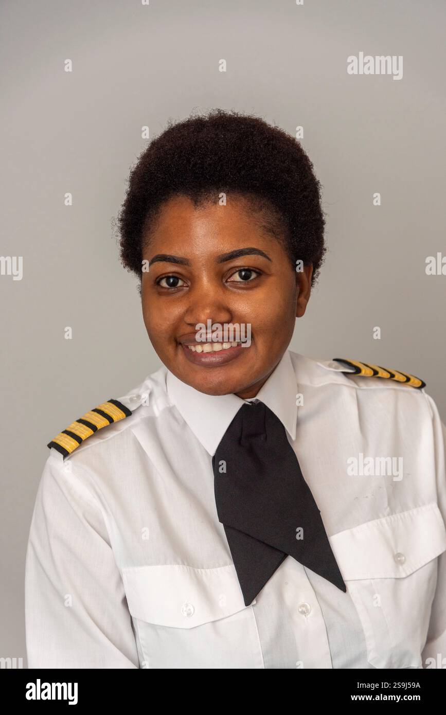 Hampshire England UK. 26.01.2025. Portrait of a female African pilot ...
