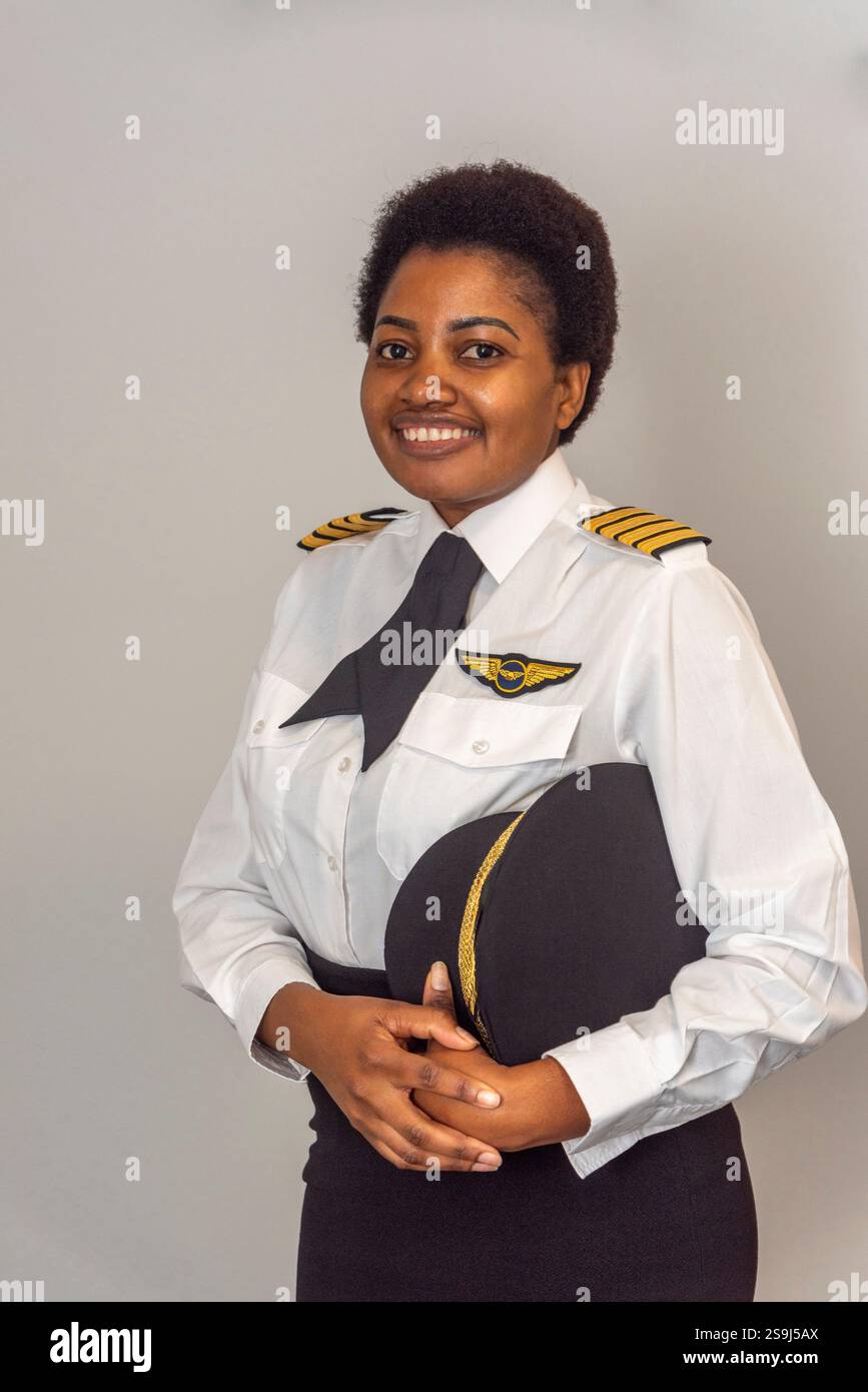 Hampshire England UK. 26.01.2025. Portrait of a female African pilot ...
