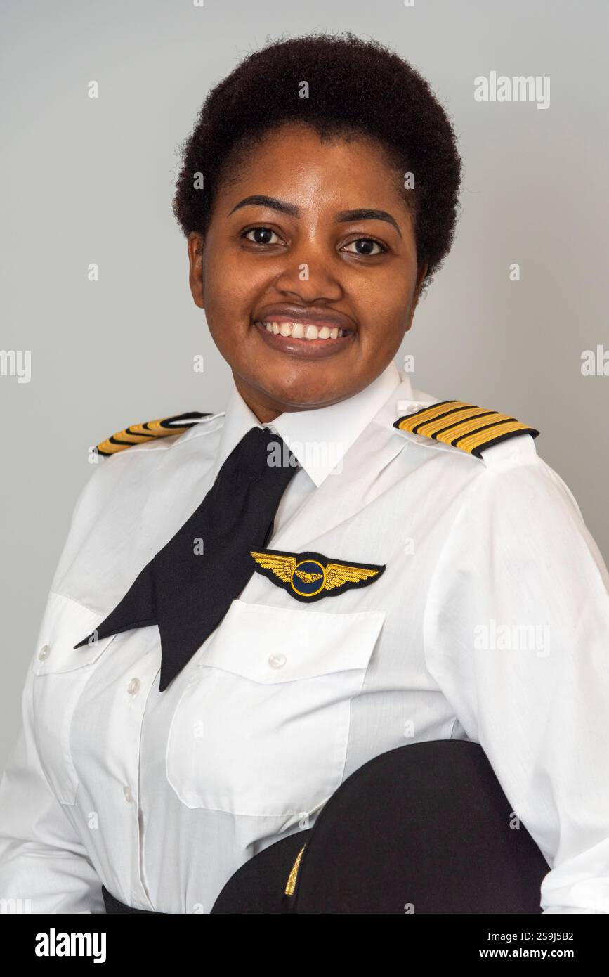 Hampshire England UK. 26.01.2025. Portrait of a female African pilot ...
