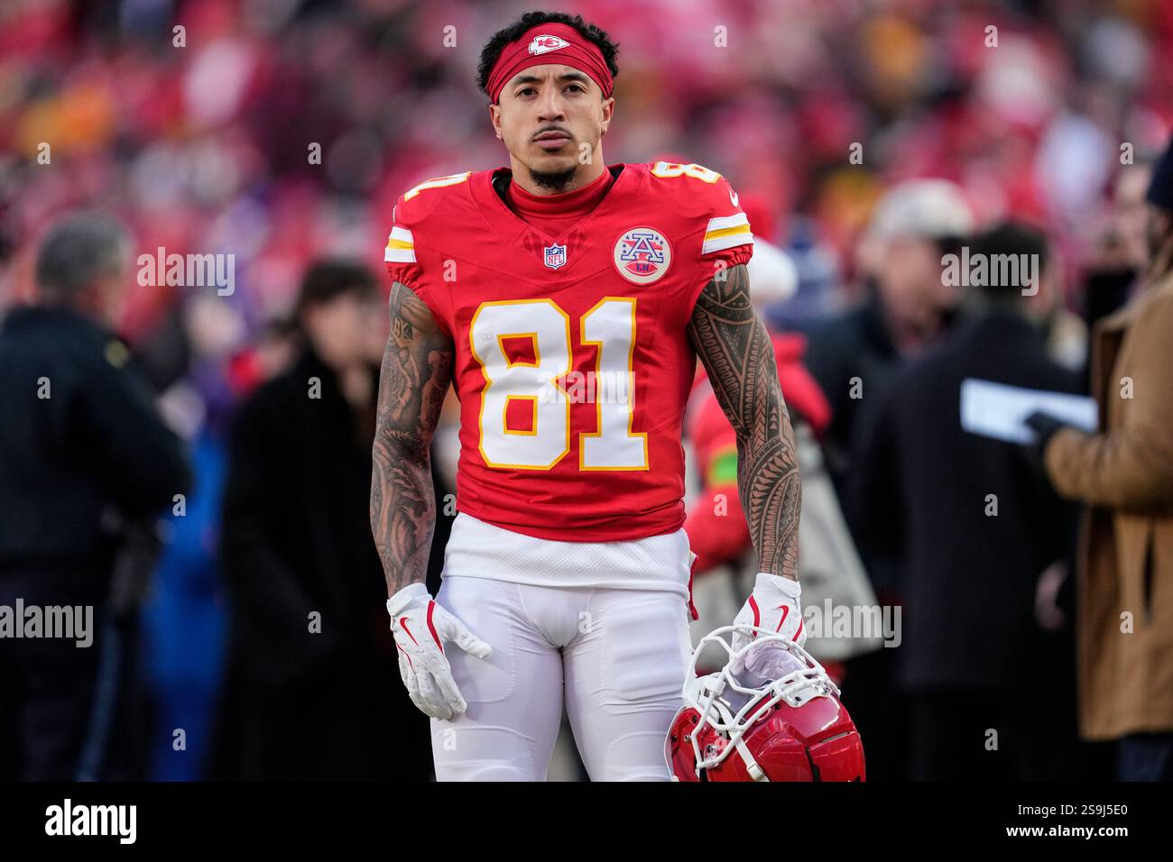 Kansas City Chiefs wide receiver Nikko Remigio (81) warms up before the ...