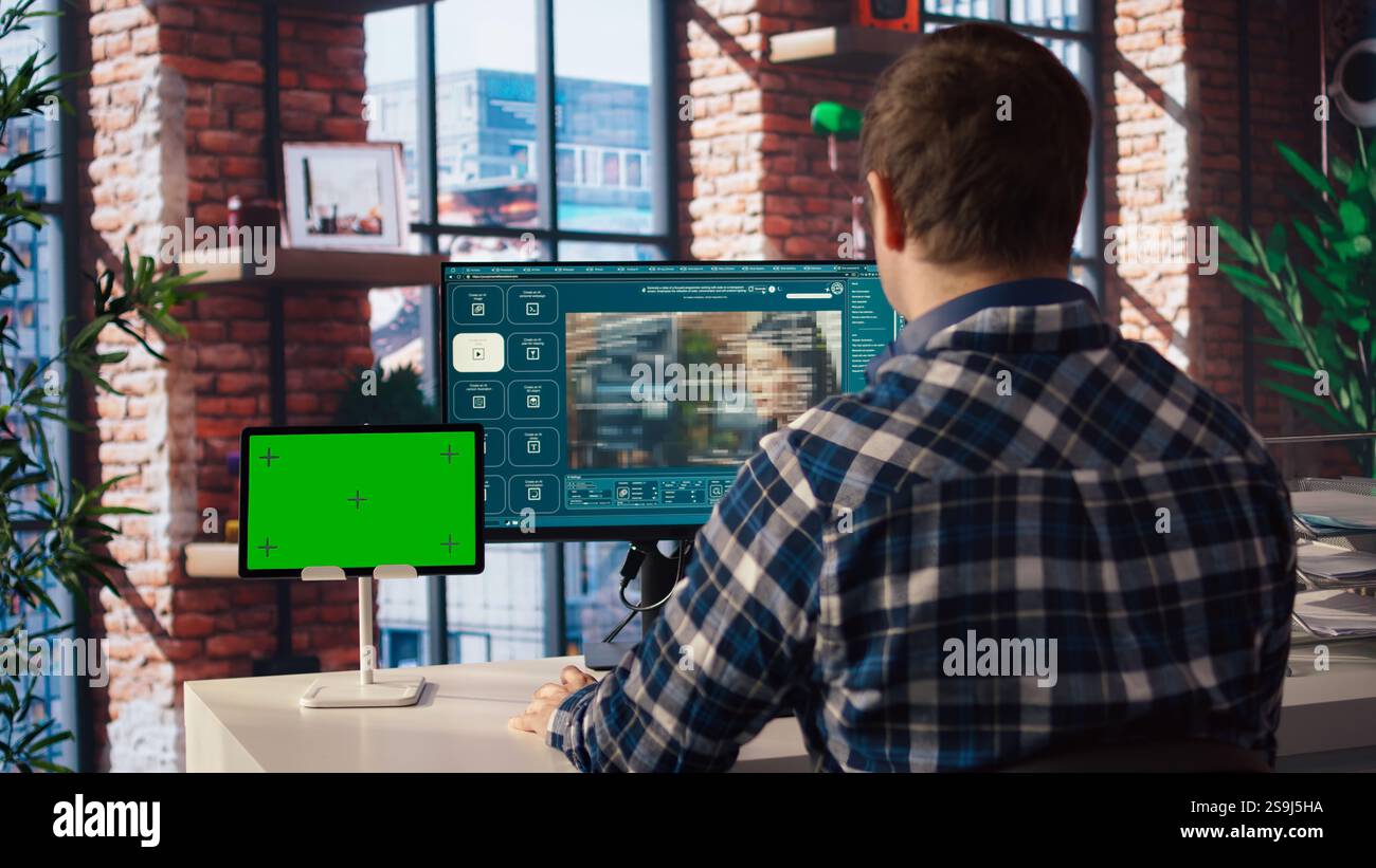 Man In Home Office Uses Ai Program Turning Text Prompt Into Videos Next To Isolated Screen