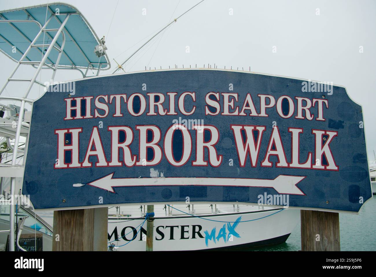 White and blue sign for Key West's Historic Seaport area. Editorial Use ...