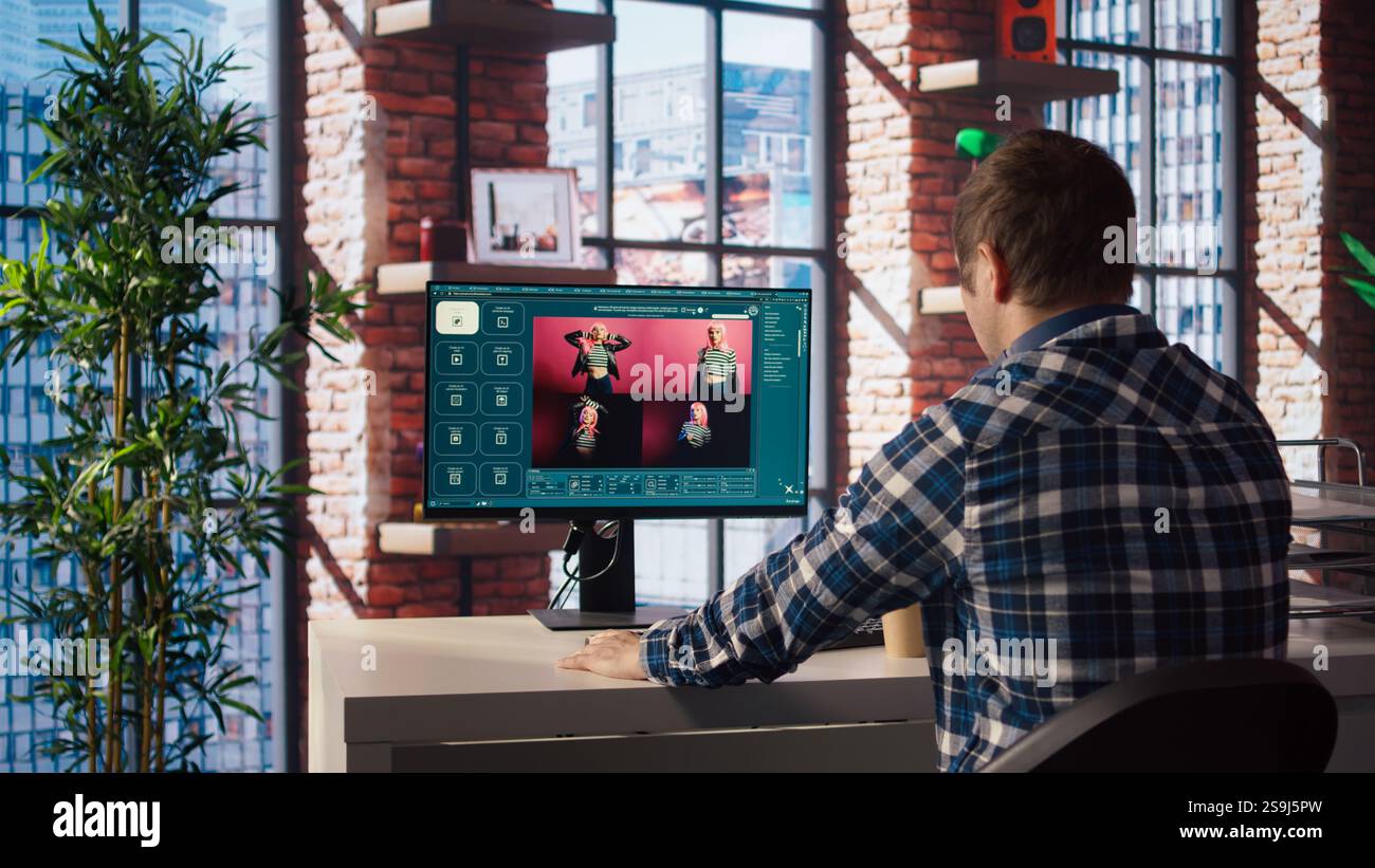 Man in apartment workspace using AI software turning text prompt into ...