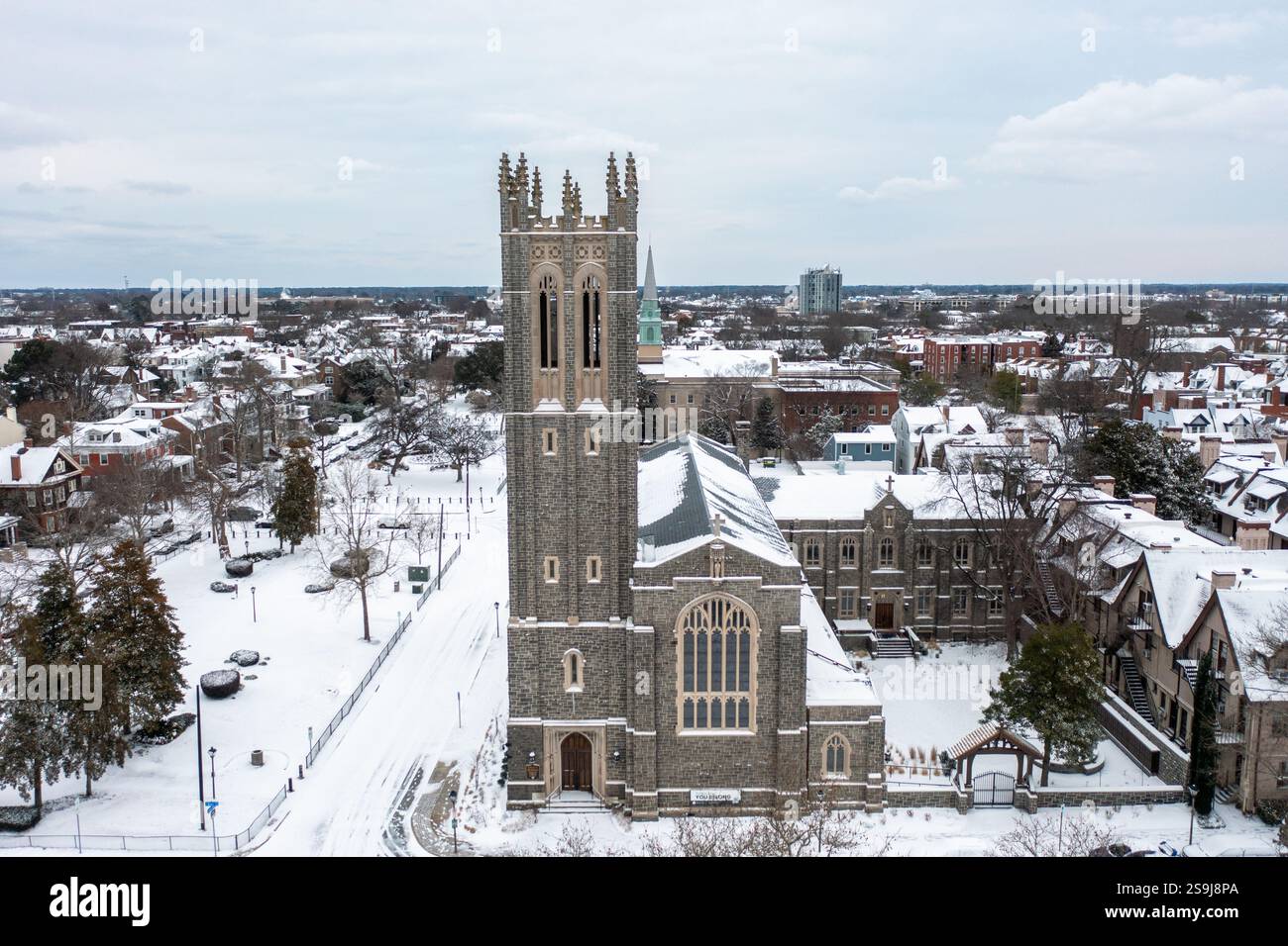 Aerial View of a Historic Church in Norfolk Virginia After a Snow Storm ...