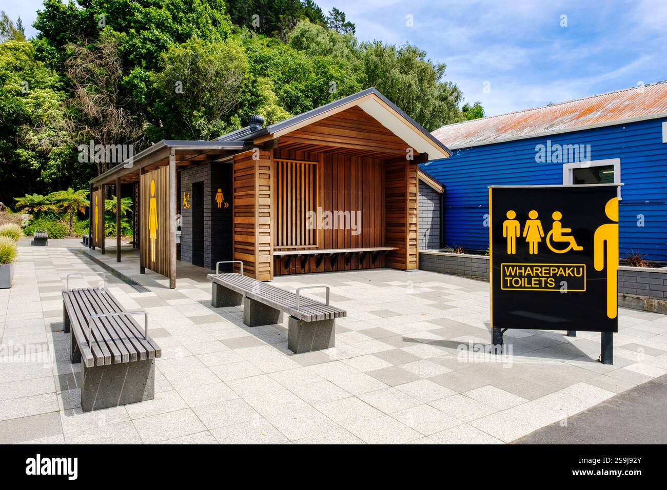 Modern public Wharepaku toilets in Havelock, New Zealand, featuring ...