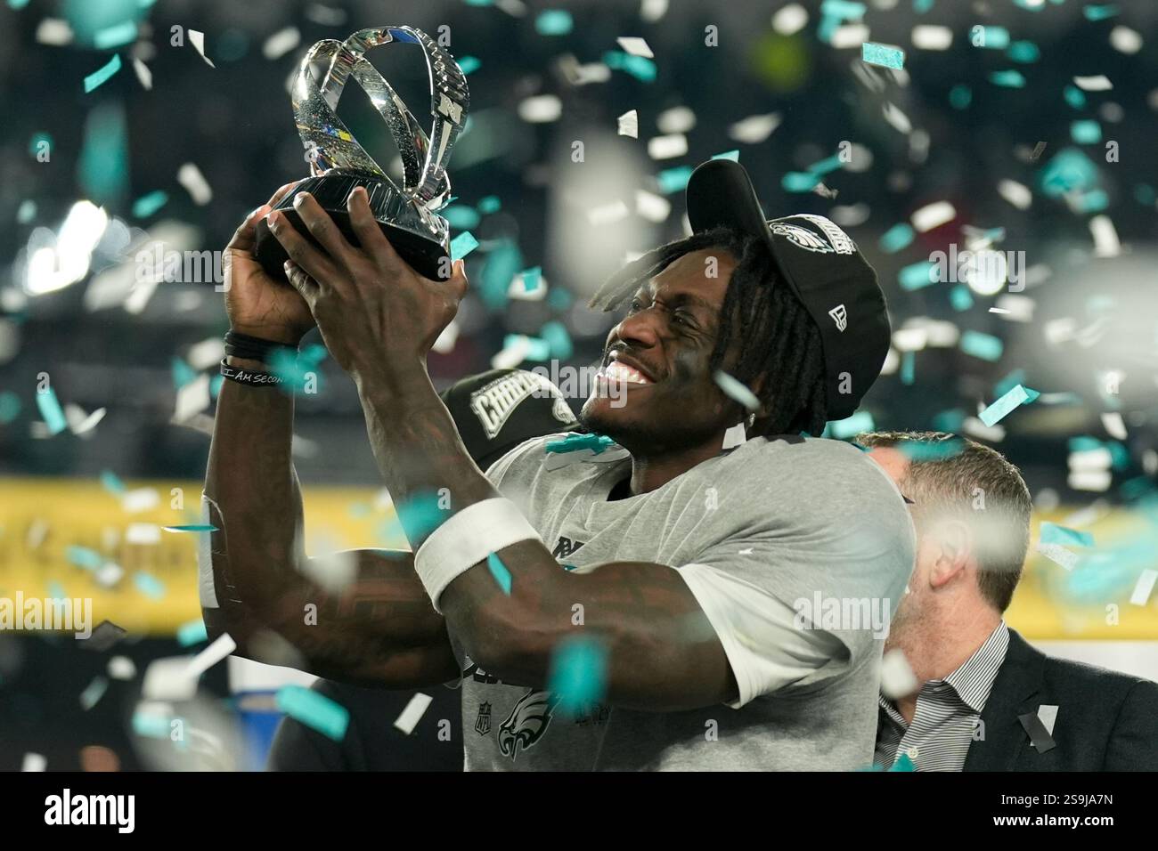 Philadelphia Eagles wide receiver A.J. Brown celebrates with the trophy ...