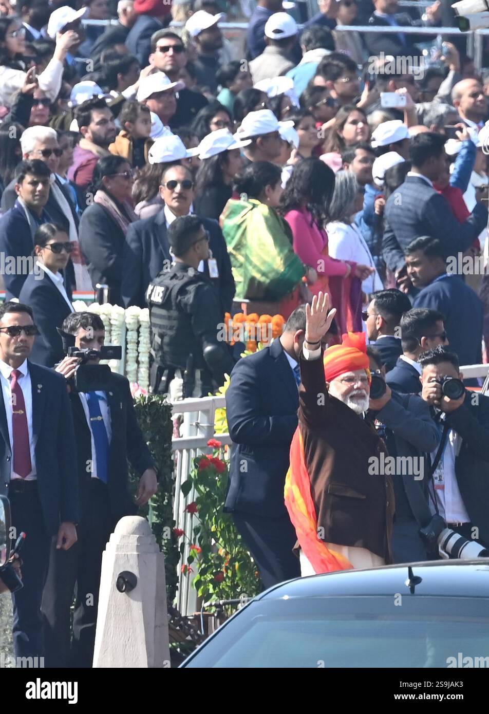 NEW DELHI, INDIA - JANUARY 26: Prime Minister Narendra Modi waves to ...