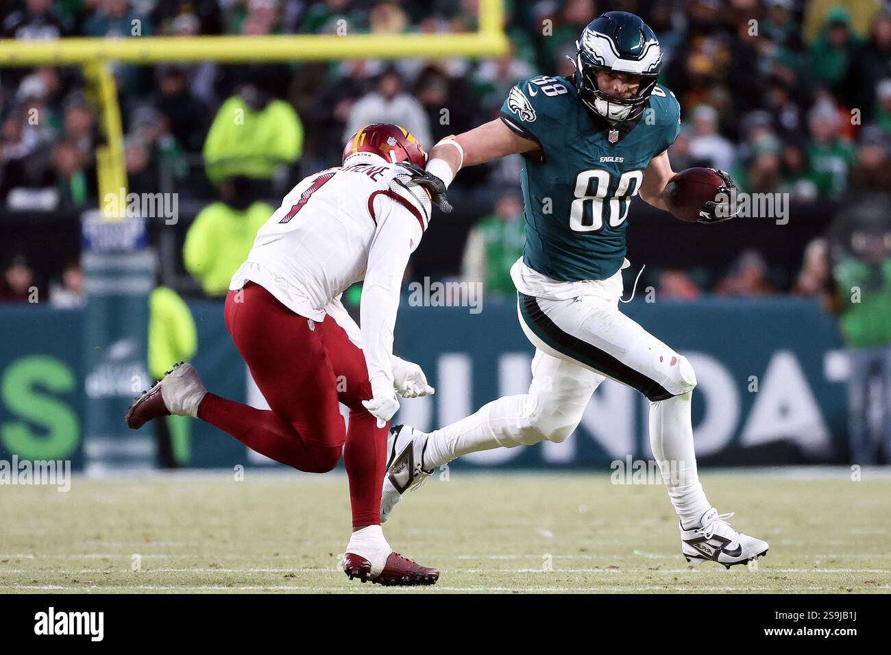 Philadelphia Eagles tight end Dallas Goedert (88) stiff arms Washington ...