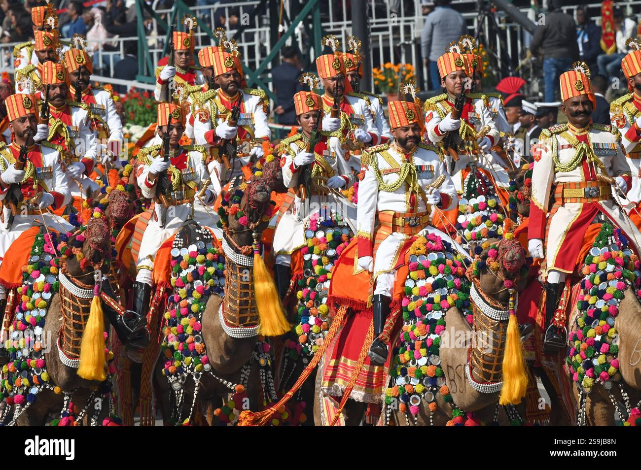 NEW DELHI, INDIA - JANUARY 26: Camel mounted contingent of Border Security Force (BSF) marches ...
