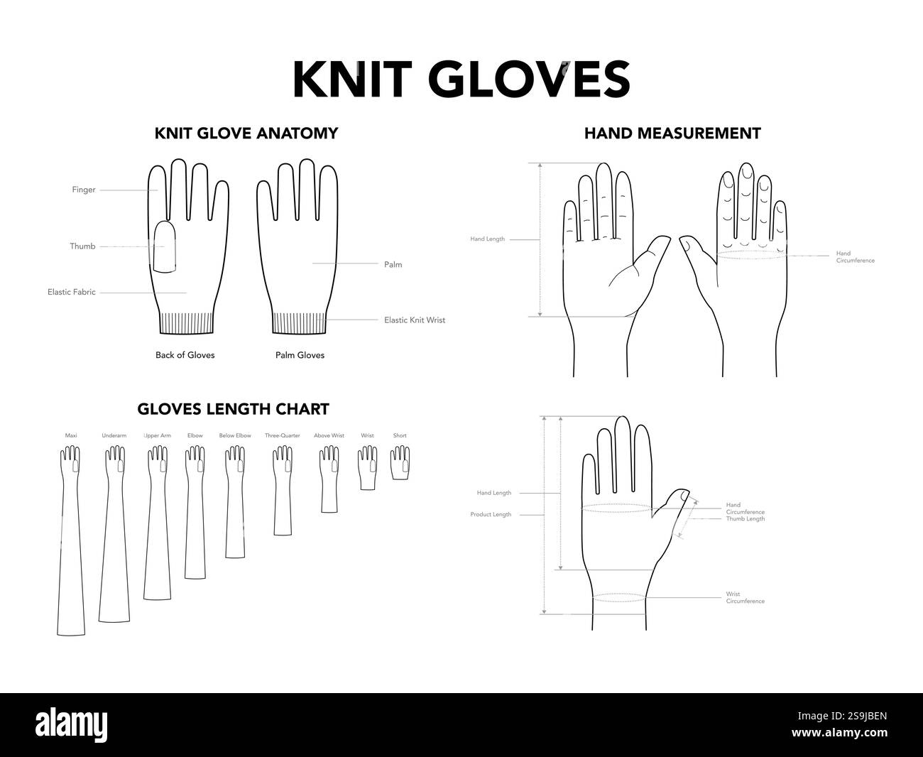 Set of Knit Gloves details - Measurement, Length, anatomy technical ...