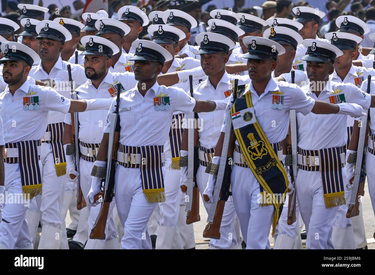KOLKATA, INDIA - JANUARY 26: Indian Navy Contingent show skills during the 76th Republic Day ...