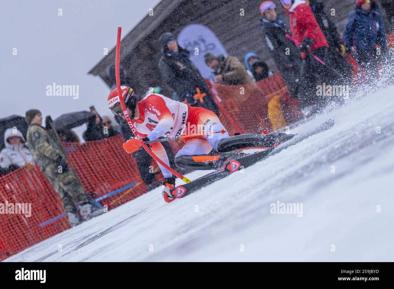 KITZBUEHEL, AUSTRIA - JANUARY 26: Ramon Zenhaeusern of Switzerland ...