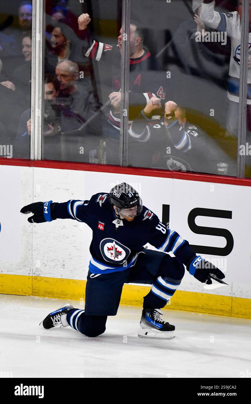 Winnipeg Jets' Kyle Connor (81) celebrates his goal against the Calgary ...