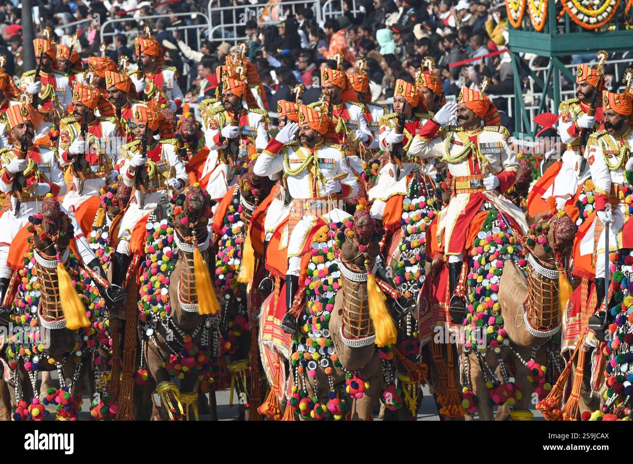 NEW DELHI, INDIA - JANUARY 26: Camel mounted contingent of Border Security Force (BSF) marches ...