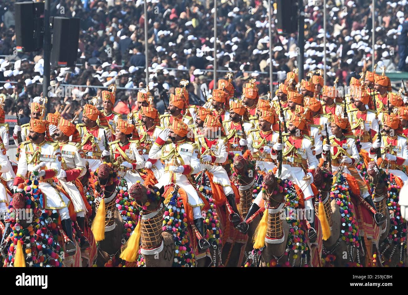 NEW DELHI, INDIA - JANUARY 26: Camel mounted contingent of Border Security Force (BSF) marches ...