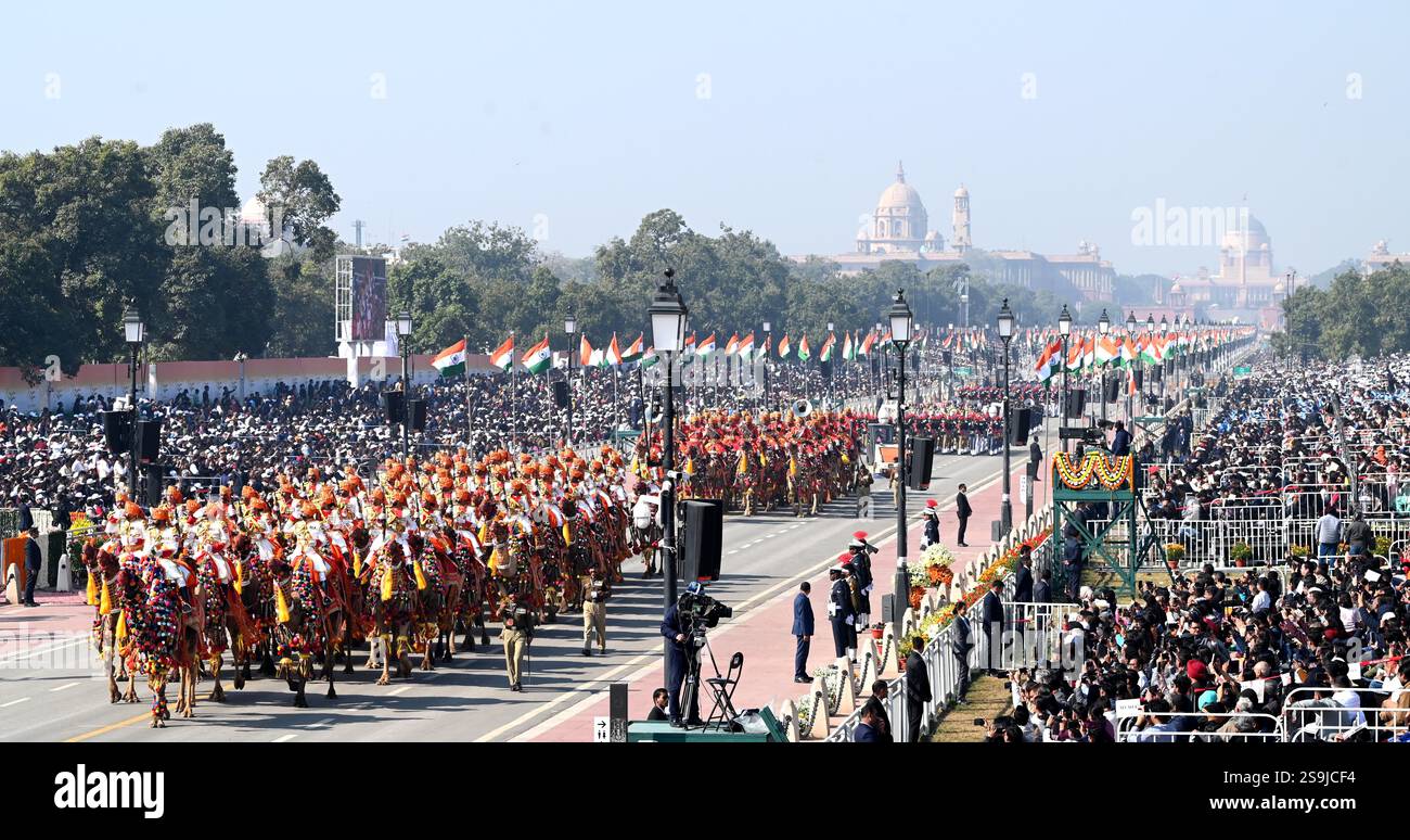 NEW DELHI, INDIA - JANUARY 26: Camel mounted contingent of Border Security Force (BSF) marches ...