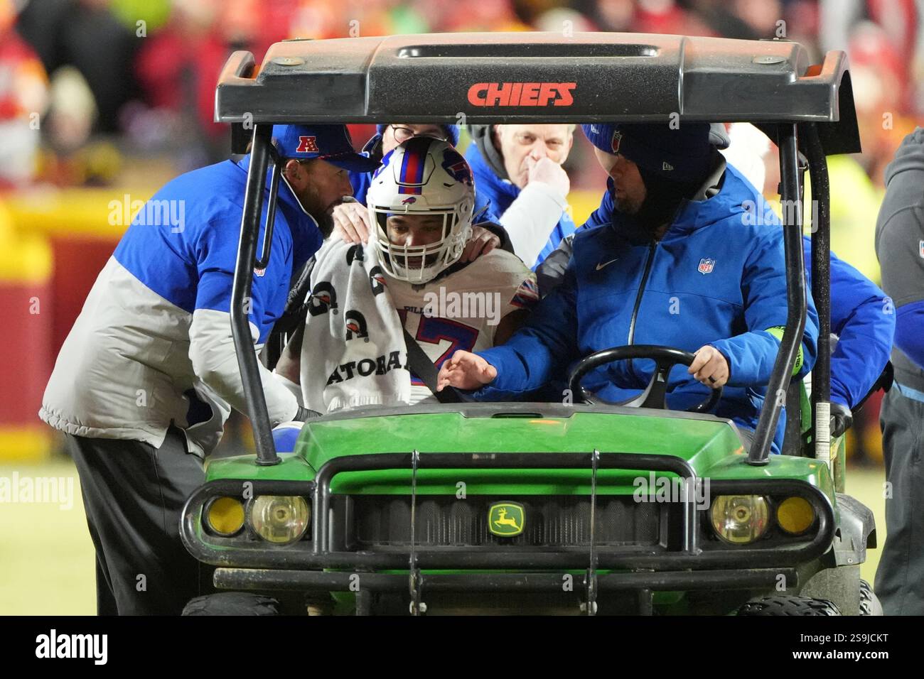 Buffalo Bills cornerback Christian Benford is assisted after being ...