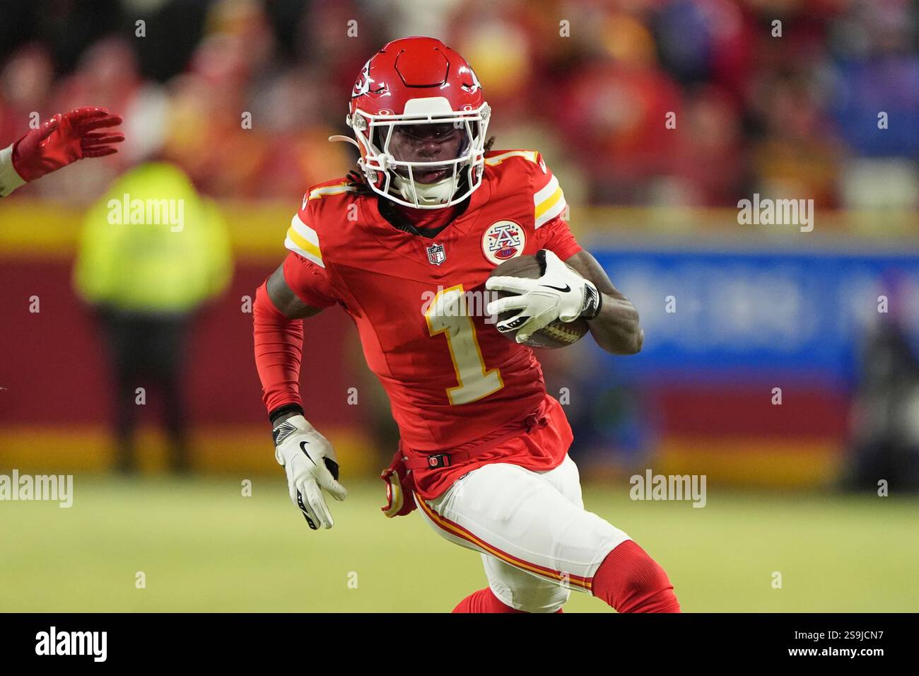 Kansas City Chiefs wide receiver Xavier Worthy (1) runs with the ball ...
