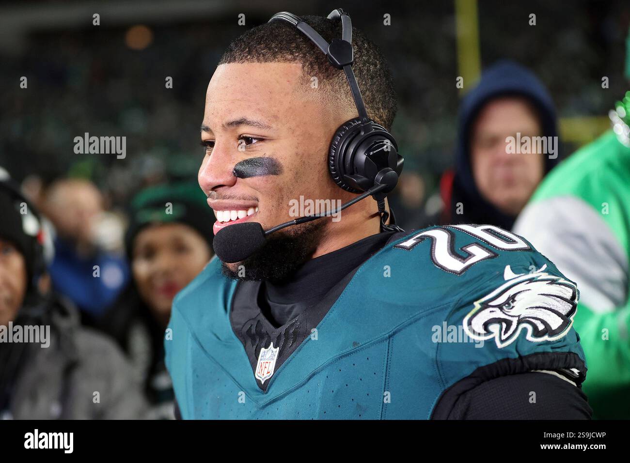 Philadelphia Eagles running back Saquon Barkley (26) looks on after the ...