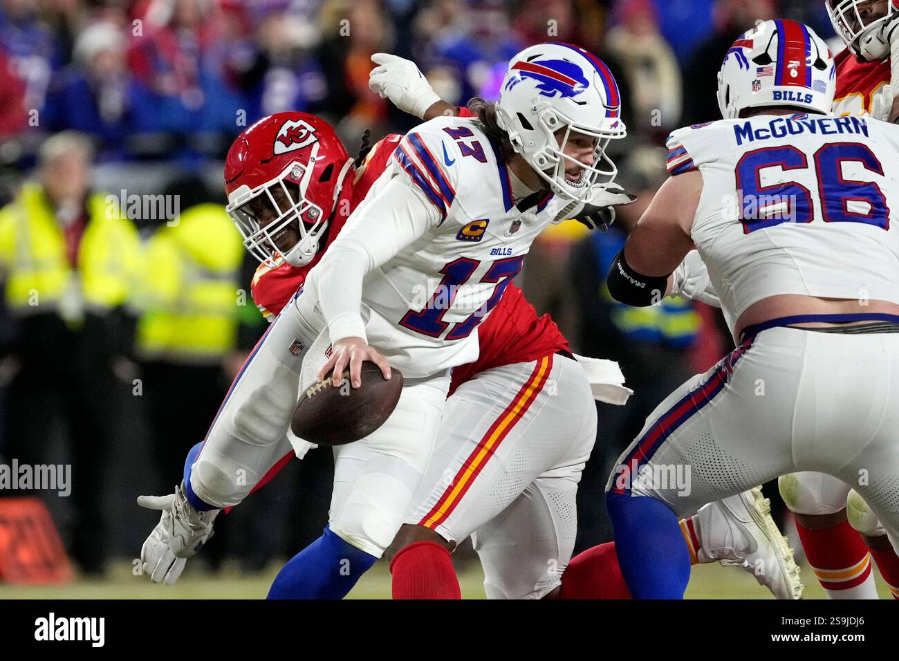 Buffalo Bills quarterback Josh Allen (17) avoids a sack from Kansas ...