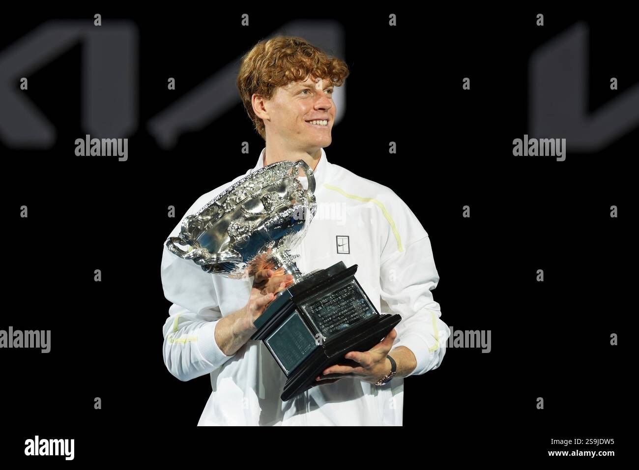 January 26, 2025: 1st seed JANNIK SINNER of Italy poses for photographs after defeating 2nd seed ...