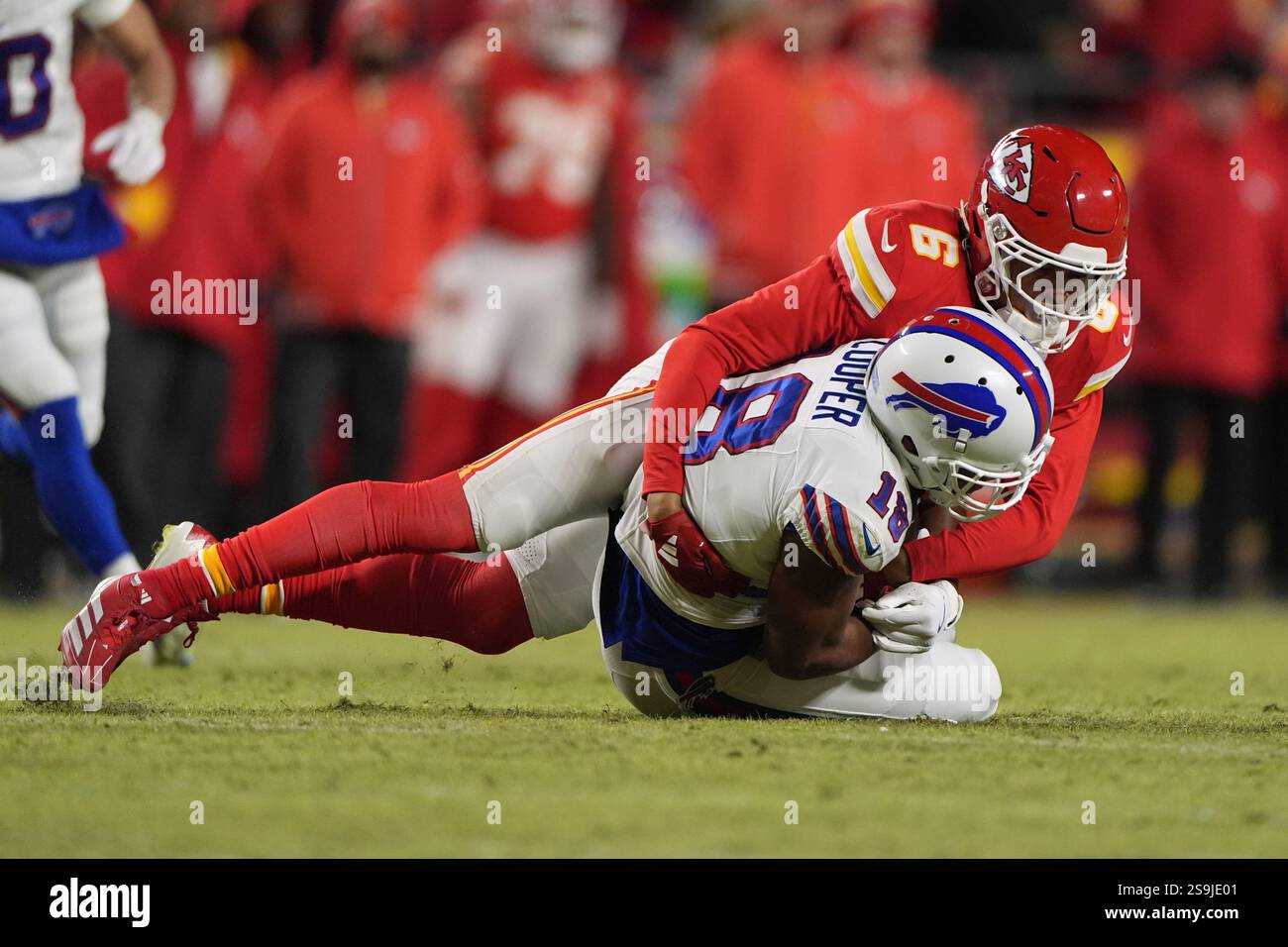 Buffalo Bills wide receiver Amari Cooper (18) is tackled by Kansas City ...