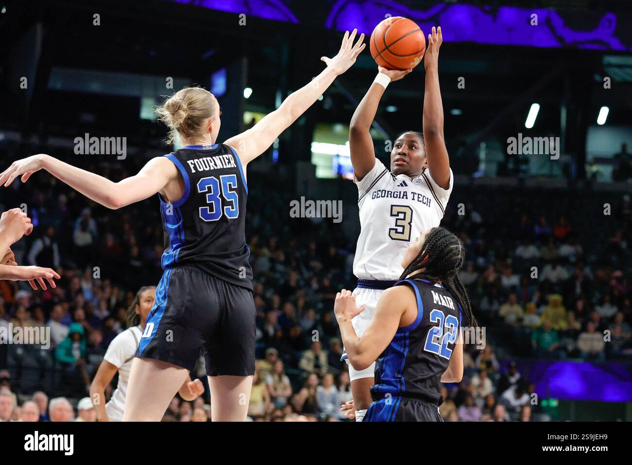 January 26, 2025: Dani Carnegie (3) of Georgia Tech shoots over Toby Fournier (35) of Duke ...
