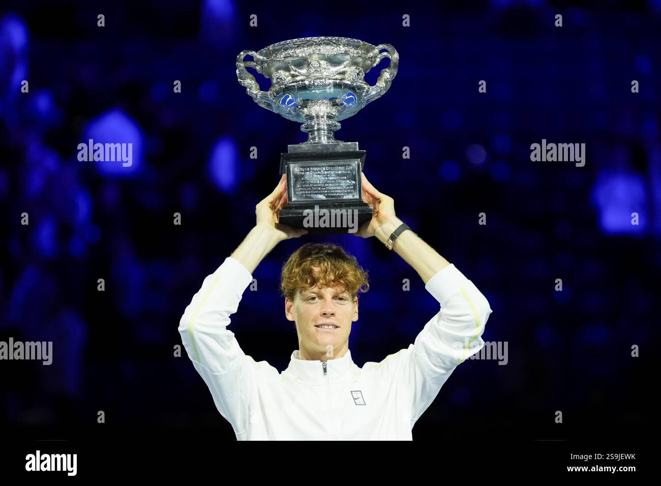 January 26, 2025: 1st seed JANNIK SINNER of Italy poses for photographs after defeating 2nd seed ...