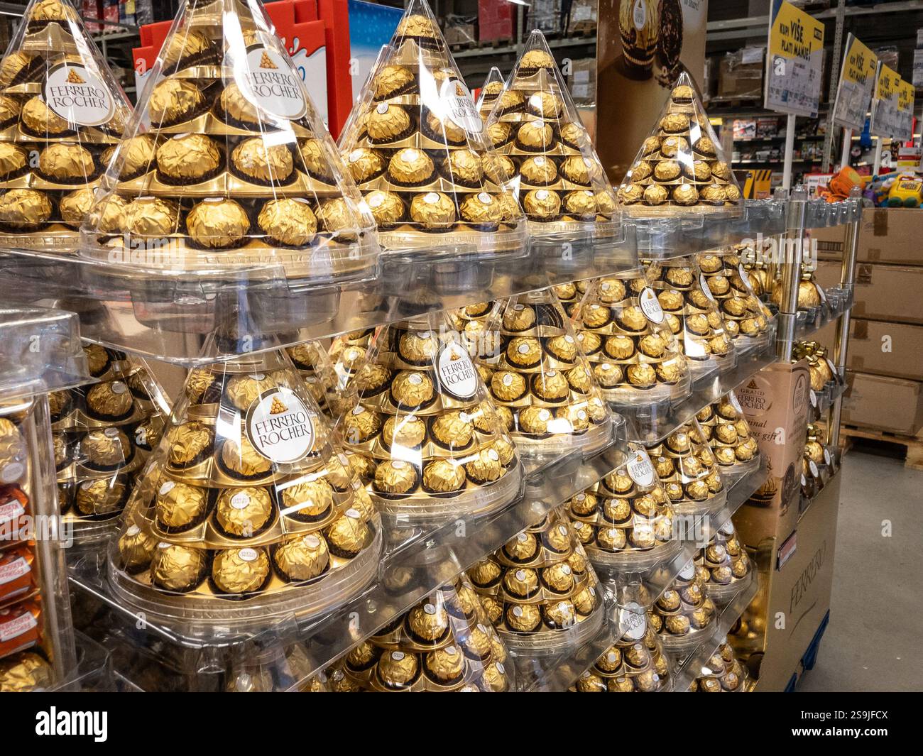BELGRADE, SERBIA - OCTOBER 12, 2024: Heaps of Ferrero Rocher chocolates ...