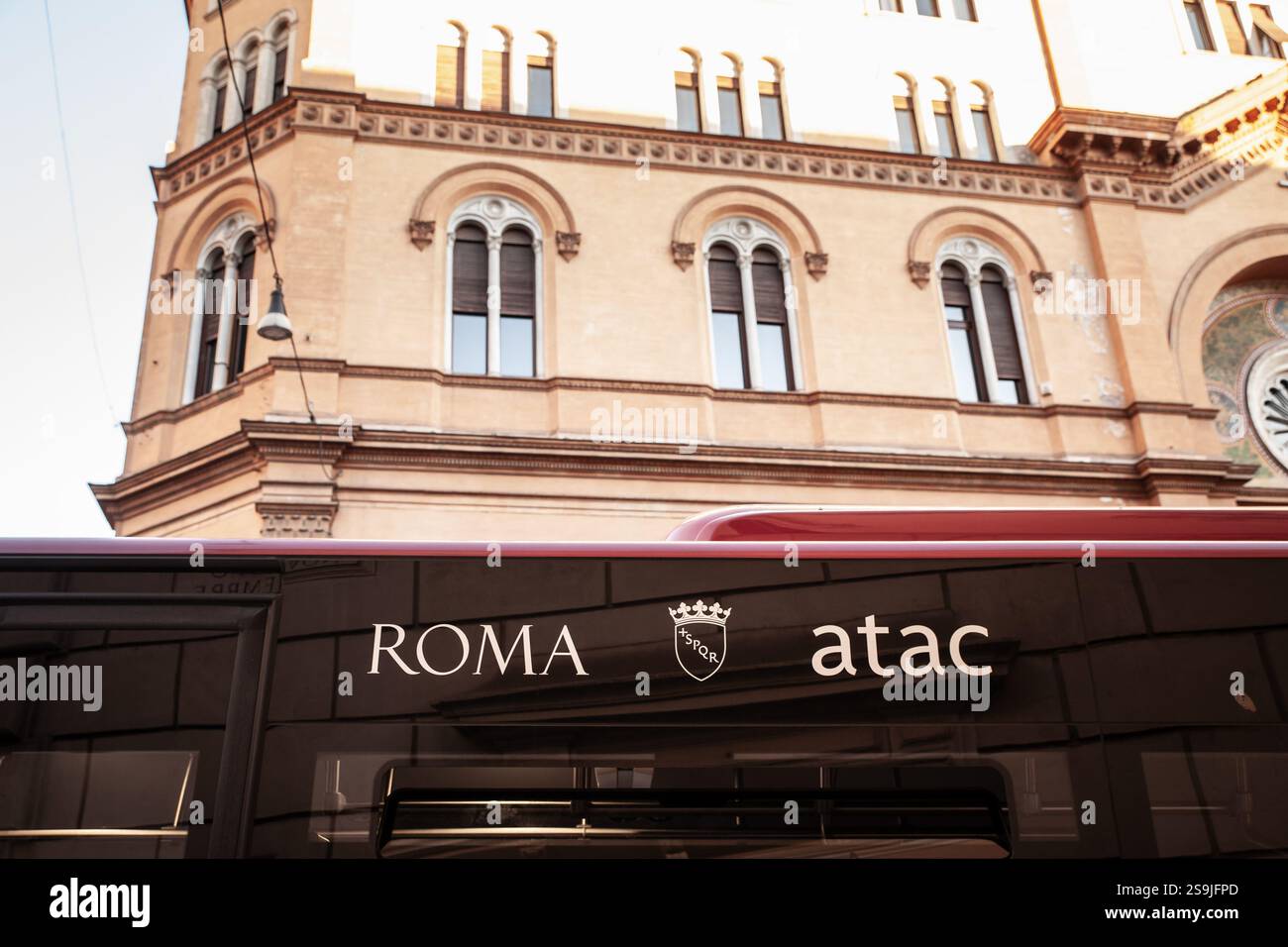 ROME, ITALY - JUNE 15, 2024: The Atac logo displayed on a city bus ...