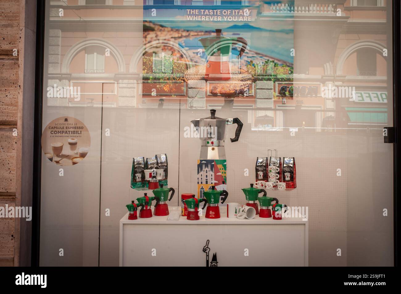 ROME, ITALY - JUNE 15, 2024: Colorful Bialetti moka pots on display in ...