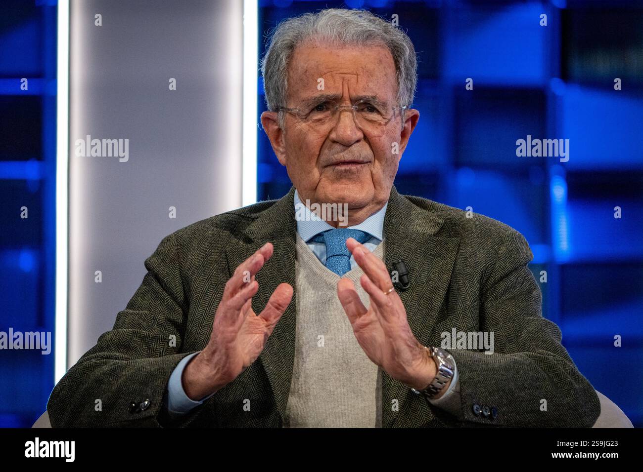 The former Italian Prime Minister Romano Prodi guest speaks on the TV ...