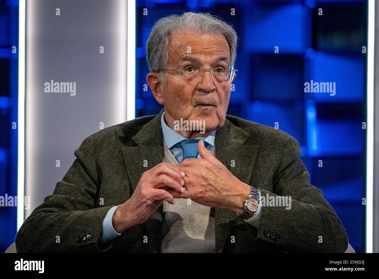 The former Italian Prime Minister Romano Prodi guest speaks on the TV ...