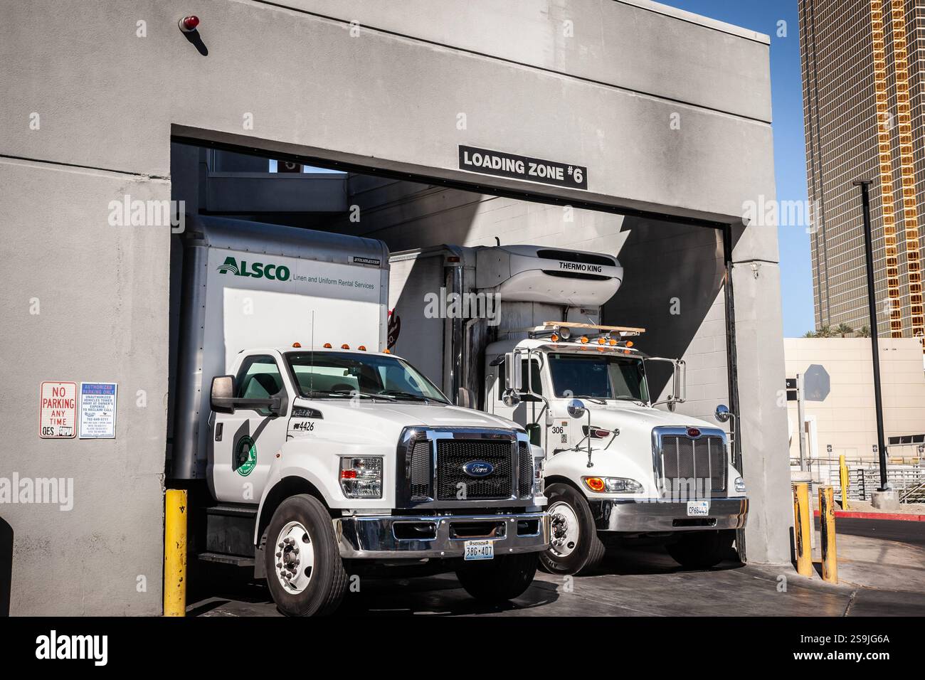 LAS VEGAS, AUGUST 21, 2024: Delivery trucks at a Las Vegas warehouse ...