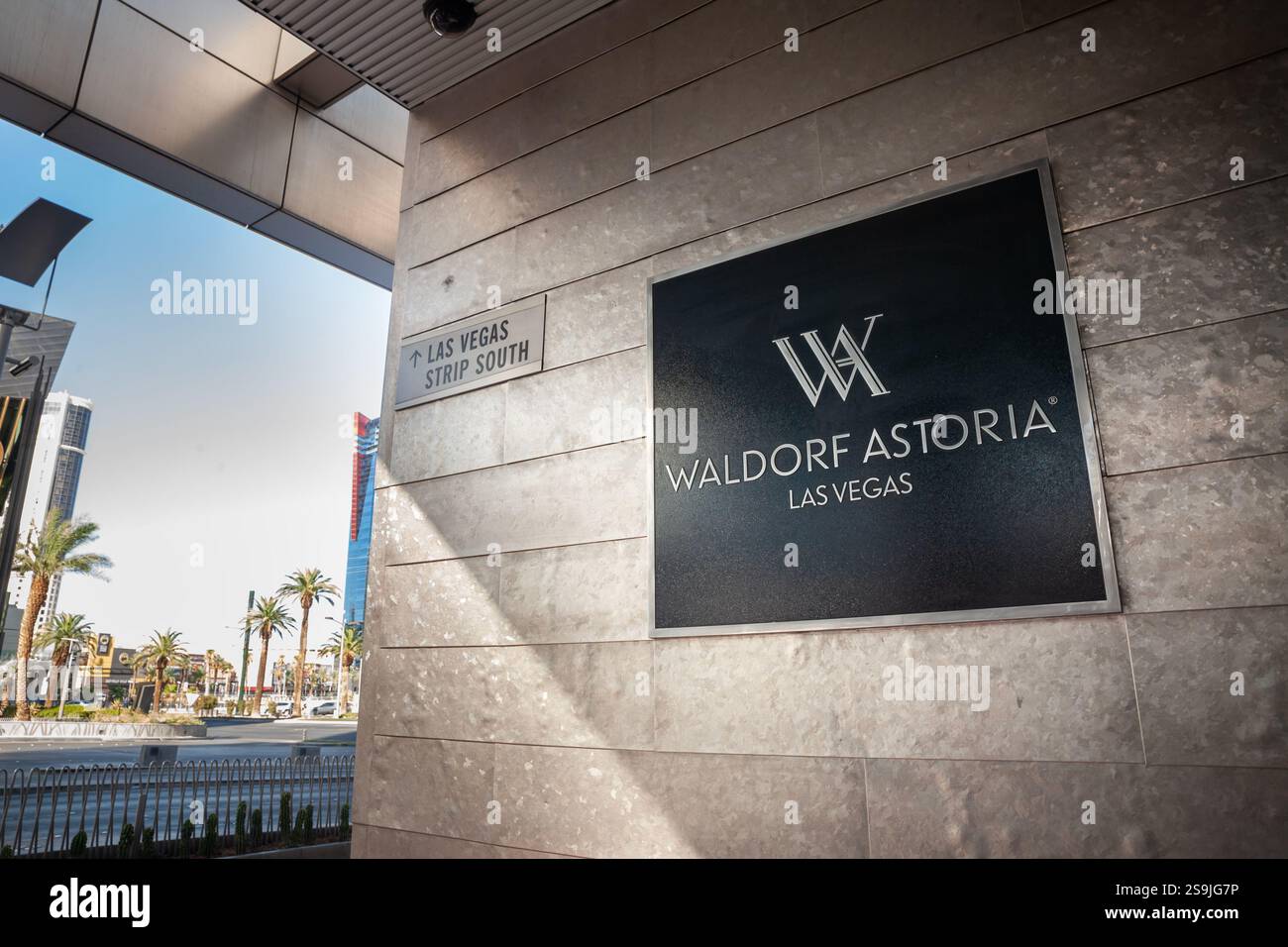 LAS VEGAS - AUGUST 23, 2024: logo of Waldorf Astoria Las Vegas in front ...