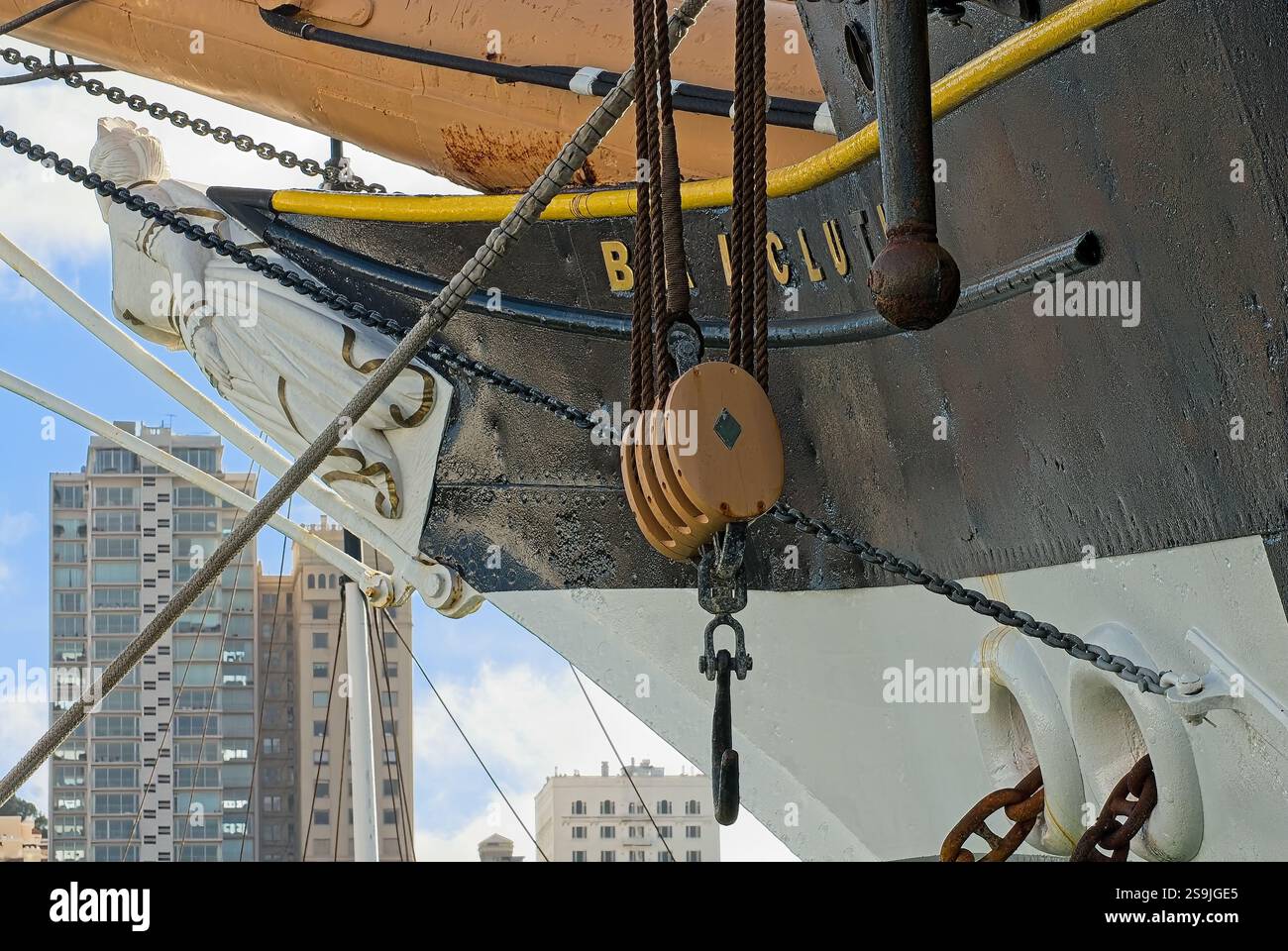 Bow with figurehead of 1886 square rigged sailing ship Balclutha ...