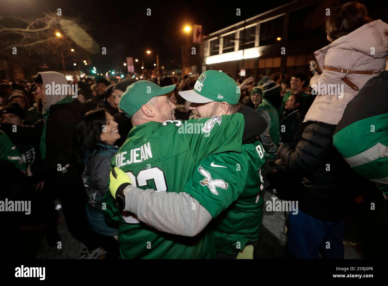 Philadelphia Eagles fans hug in South Philadelphia after the team ...