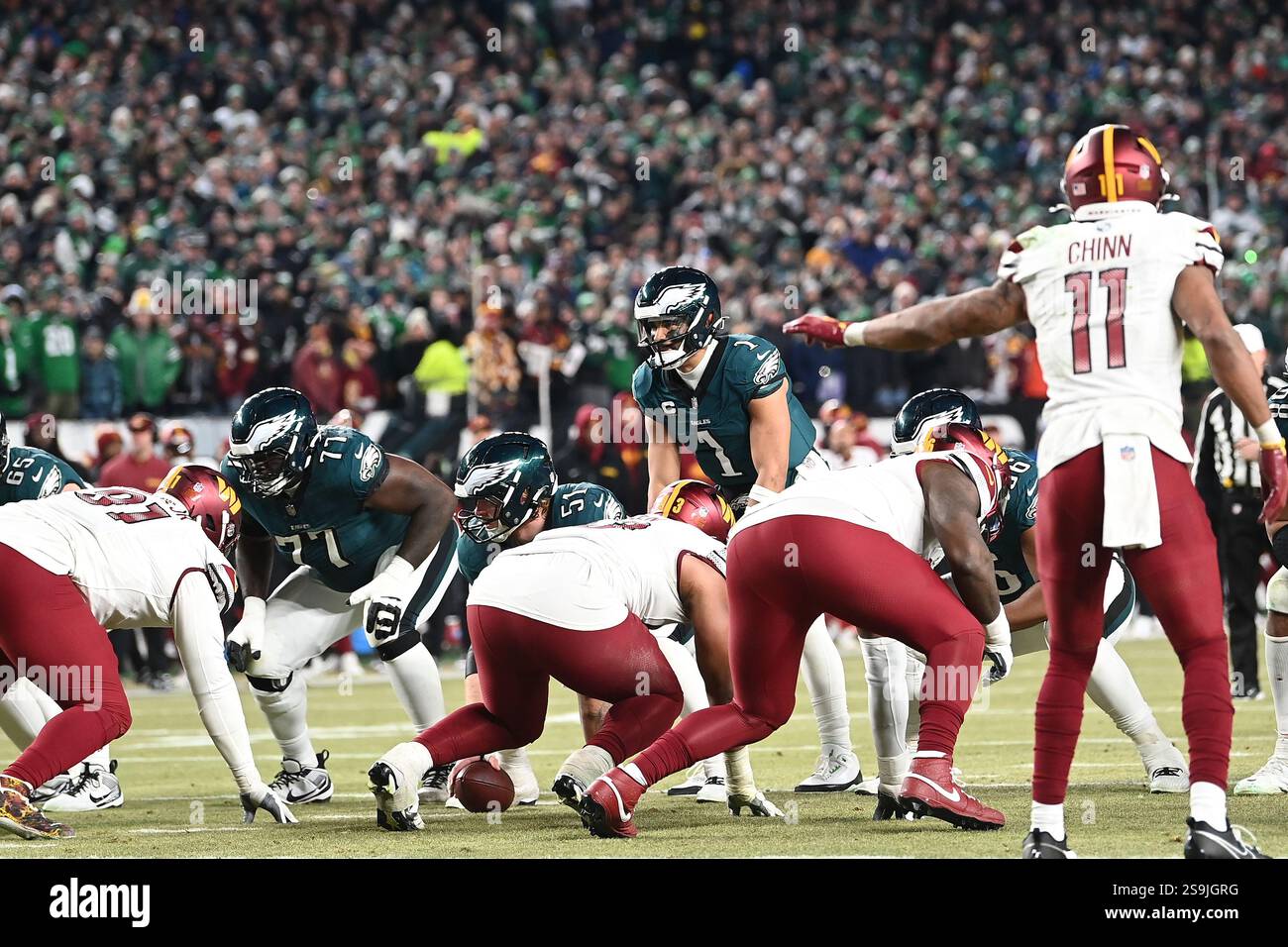 January 26, 2025, Philadelphia PA; Philadelphia Eagles quarterback Jalen Hurts (1) waits on the ...