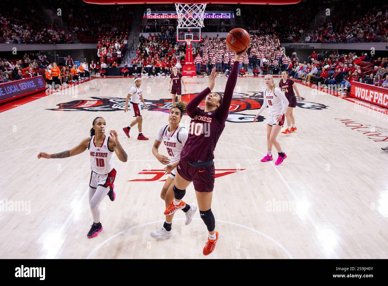 January 26, 2025: Virginia Tech forward Carys Baker (10) shoots against the NC State during the ...