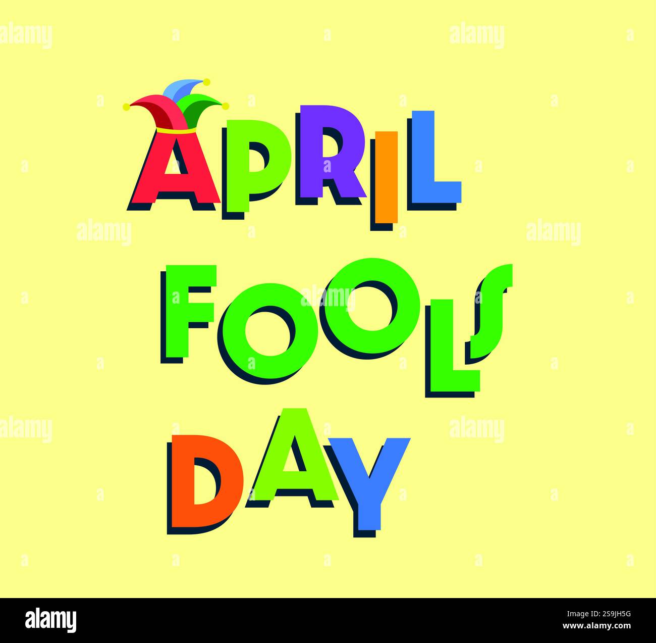 Colorful and bold April Fools Day text displayed vertically on a bright ...
