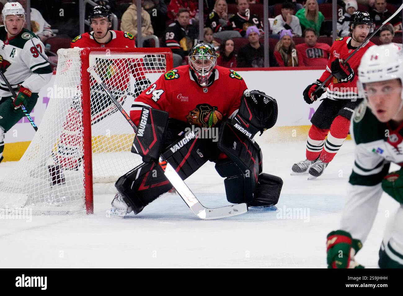 Chicago Blackhawks goaltender Petr Mrazek watches a puck during the ...