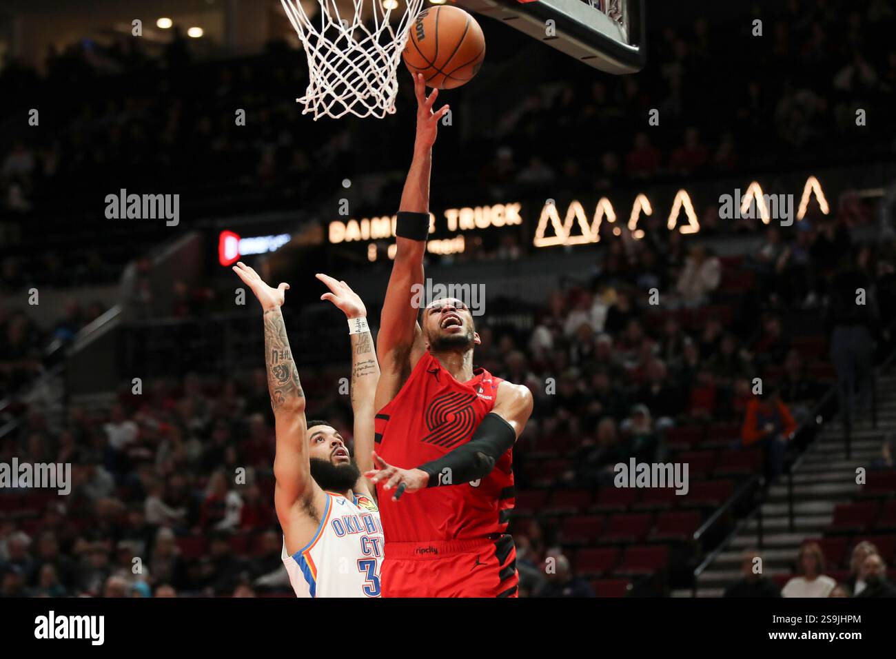 Portland Trail Blazers forward Toumani Camara drives to the basket as Oklahoma City Thunder ...