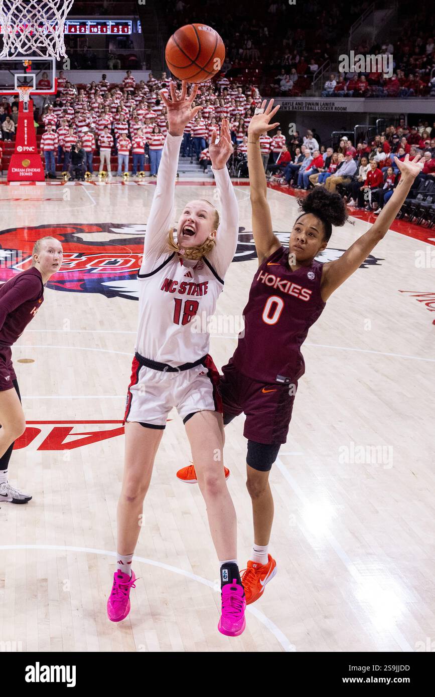 January 26, 2025: NC State forward Tilda Trygger (18) shoots on ...