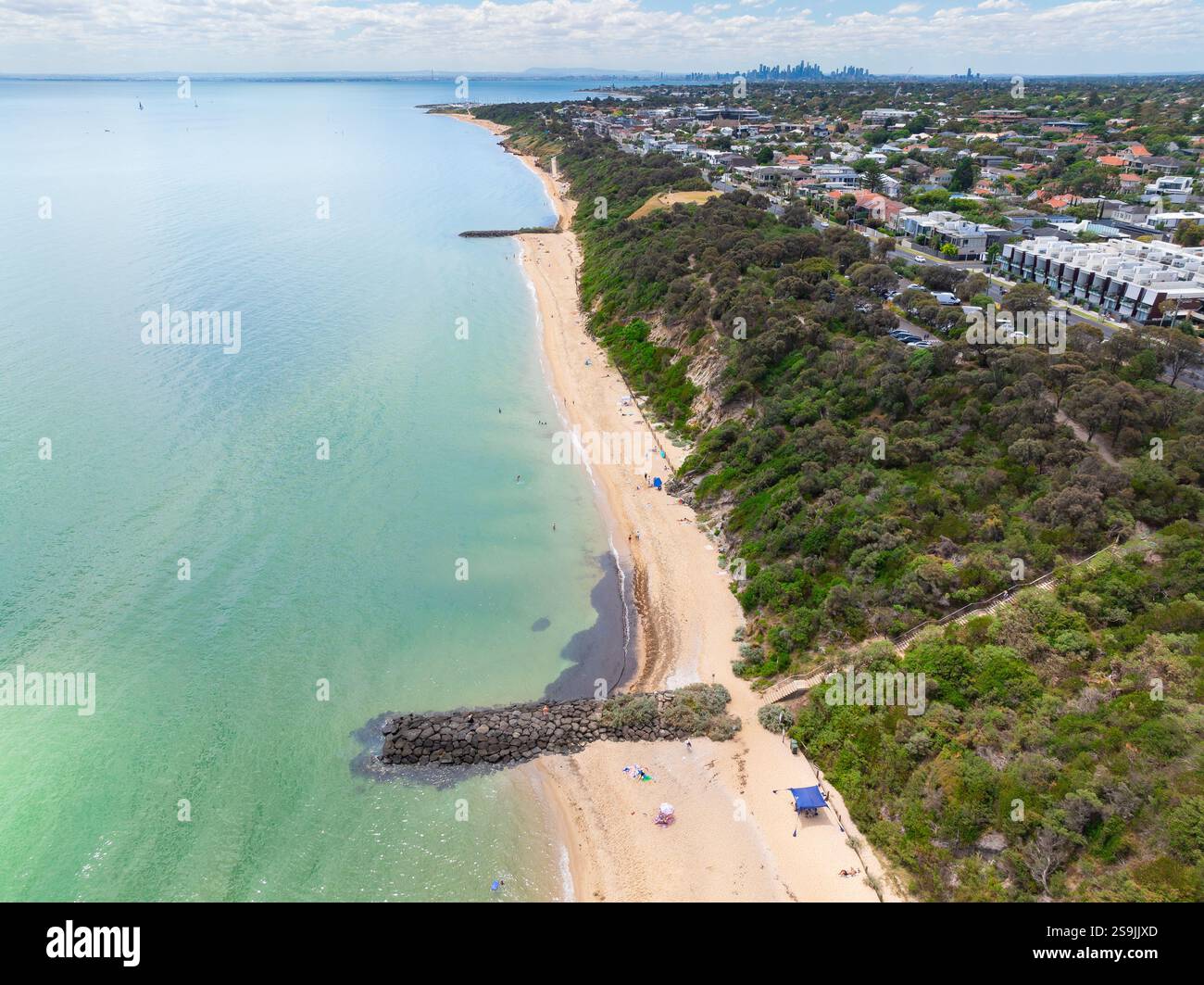 Aerial view of a narrow sandy beach below vegetated cliffs and a ...