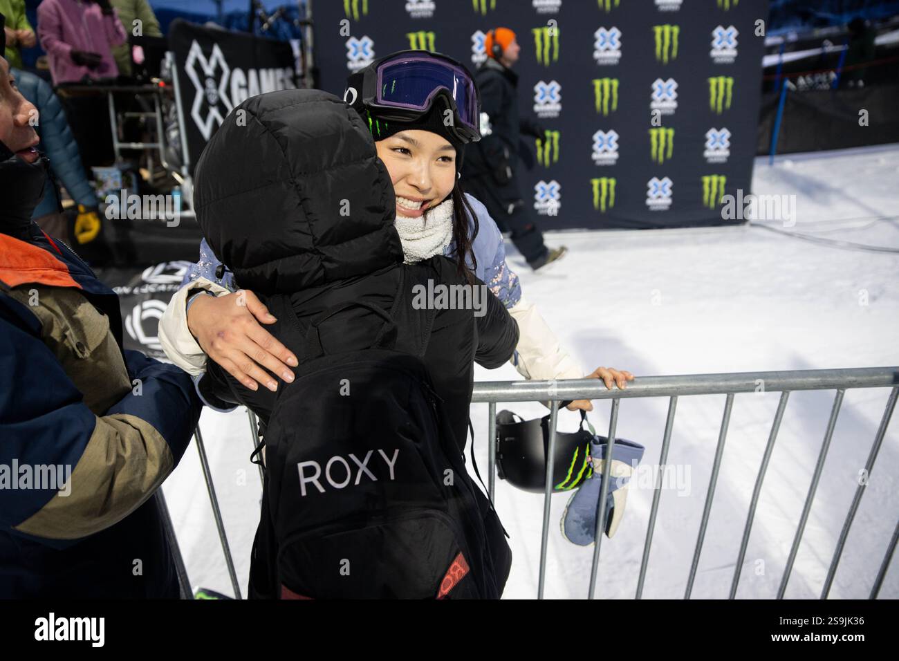 January 25, 2025, Aspen, Colorado, USA: Snowboarder CHLOE KIM takes a ...
