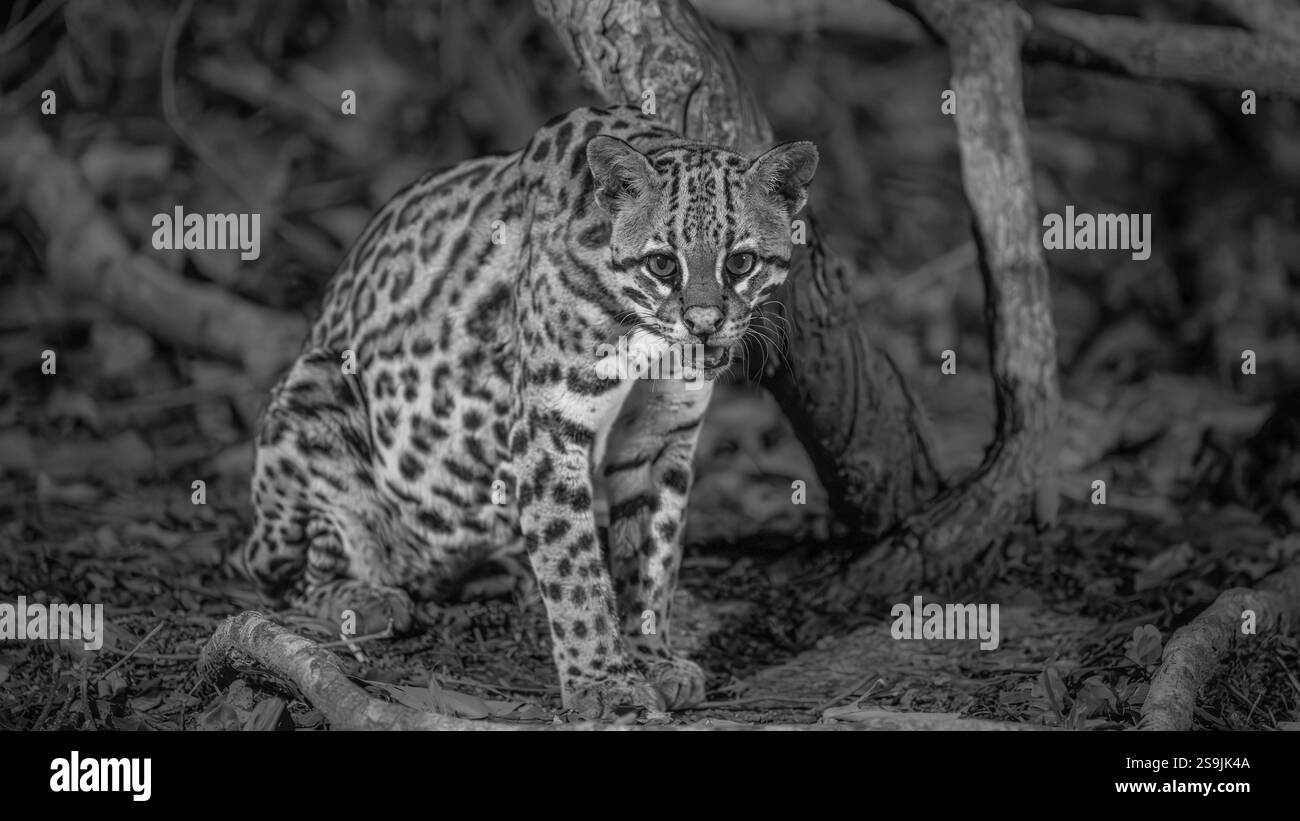 Ocelot sitting on haunches alongside of tree black and white image ...