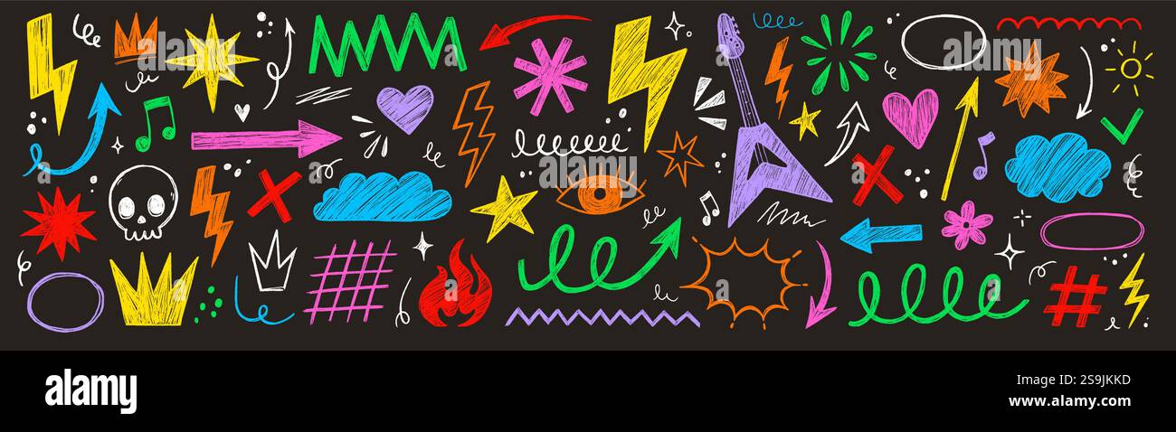 Hand drawn rock punk music star grunge heart doodle icon element set ...